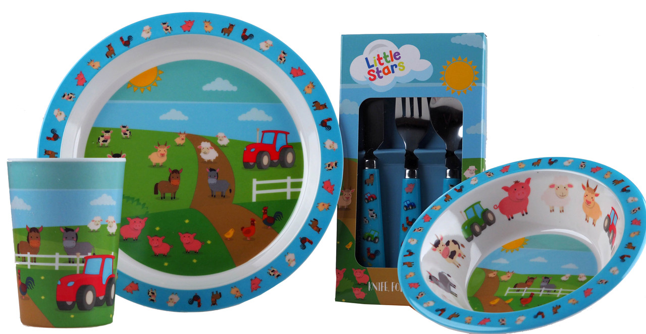 Farm Animals 4 Piece Melamine Kids Dinner Set - Plate, Bowl, Cup, Metal ...