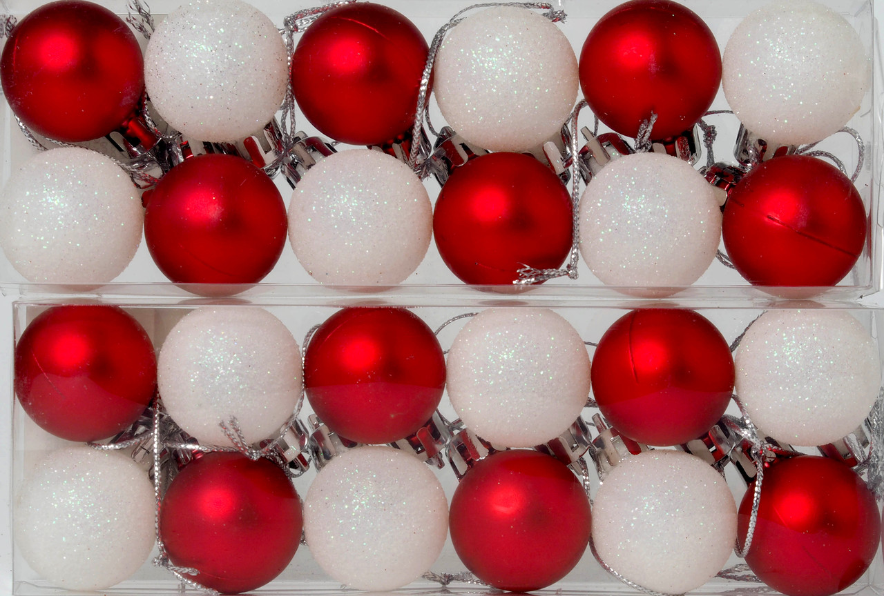Mini Christmas Red White Glitter Tree Baubles Decorations - Set of 24 ...