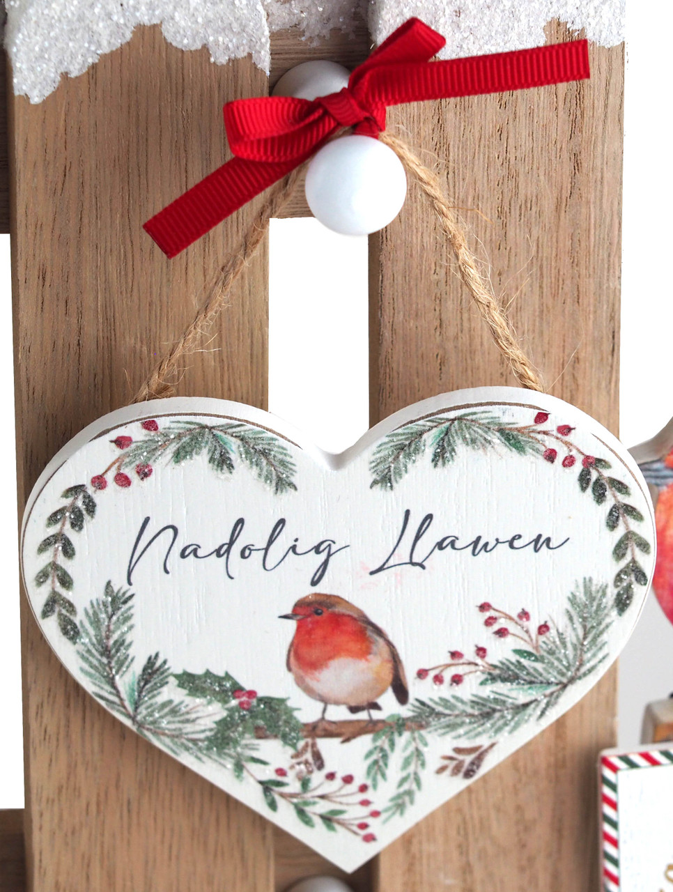 Nadolig Llawen Welsh Christmas Robin Hanging Wooden Heart Plaque - Blue ...