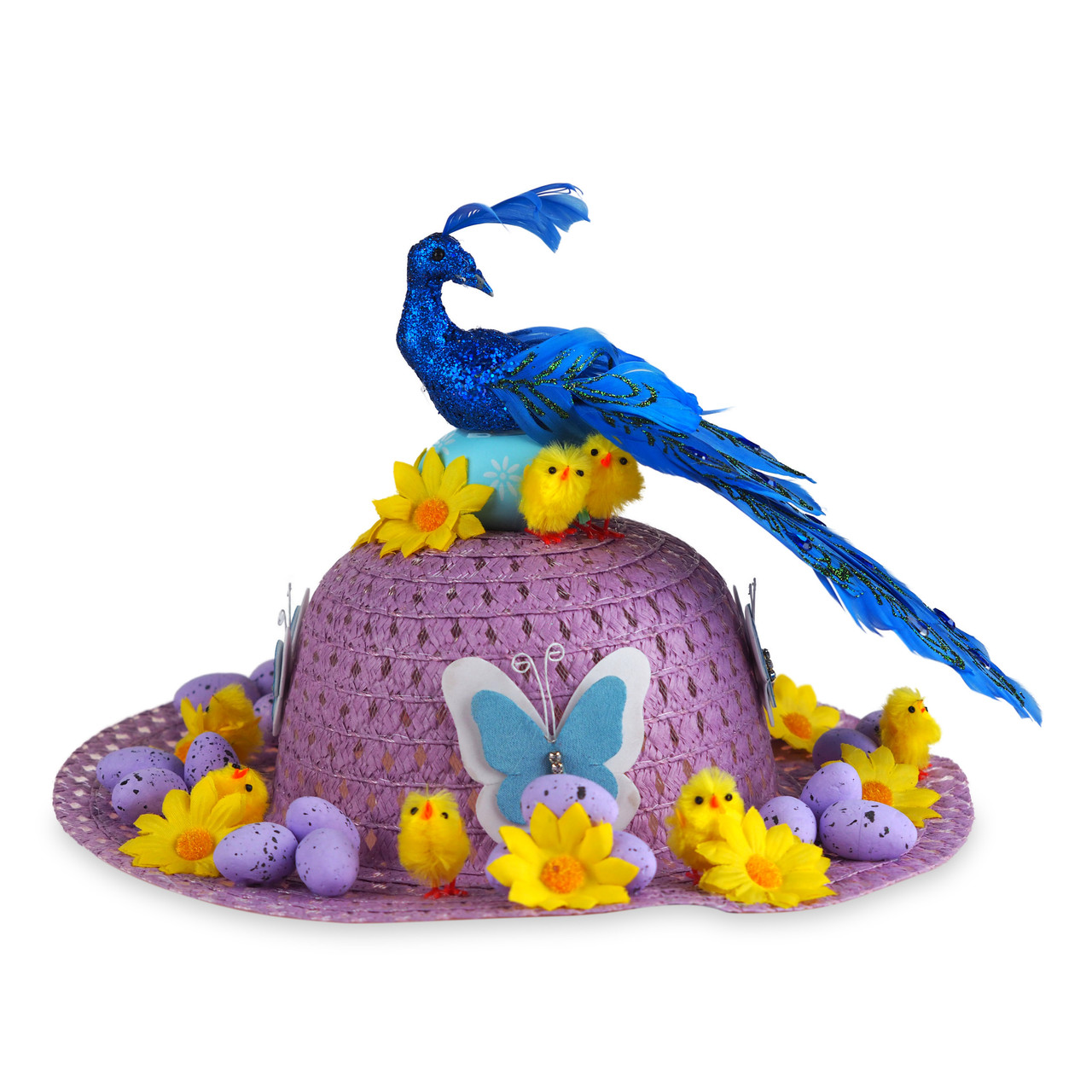 Girls Ready Made Decorated Easter Hat Bonnet - Blue Peacock - Blue ...
