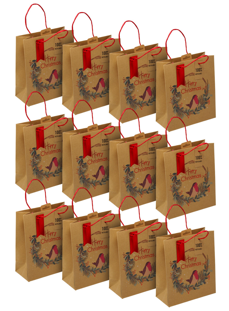 Eco Kraft Christmas Medium Gift Bags - Set of 12 - Robin - Blue Whale Gifts