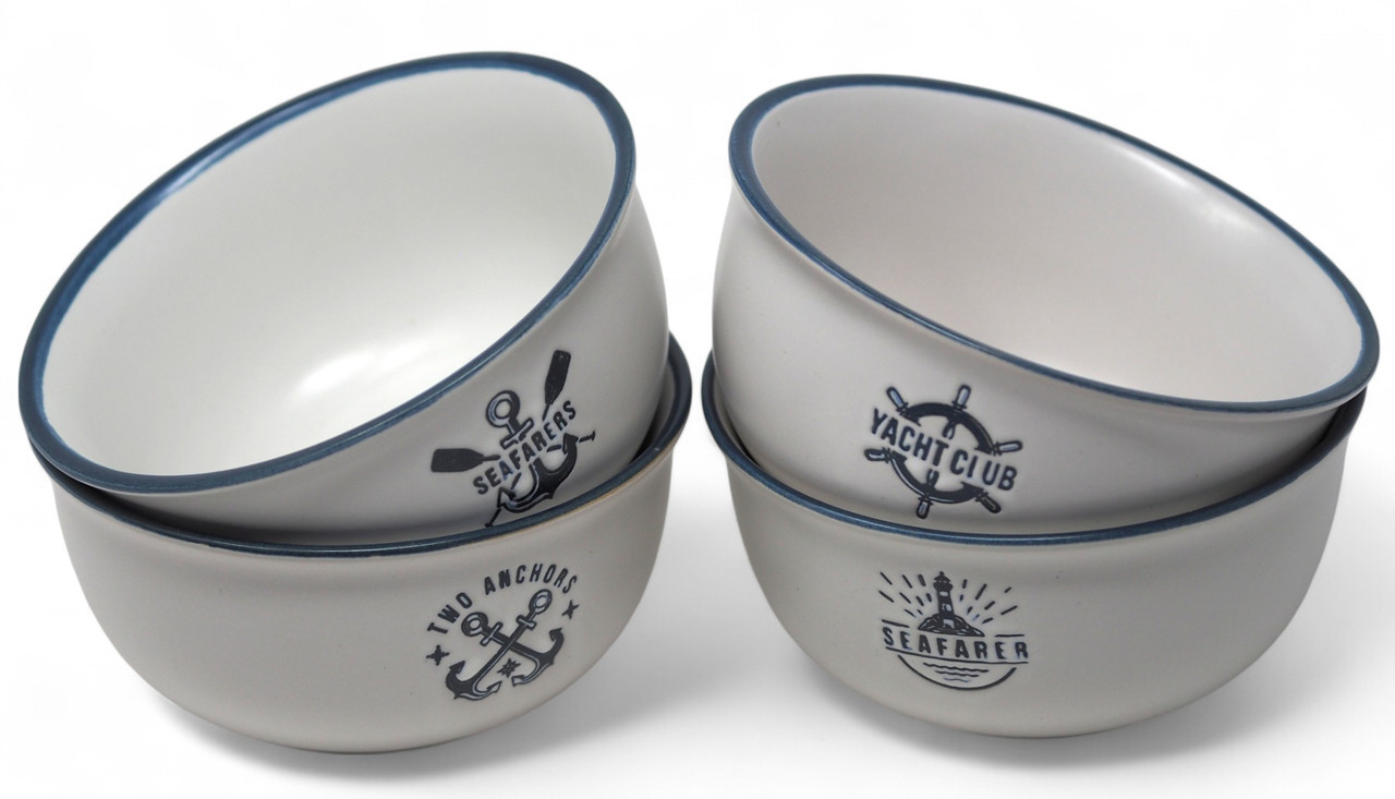 Nautical Ceramic Cereal Bowls with Maritime Sailing Designs - Set of 4 ...