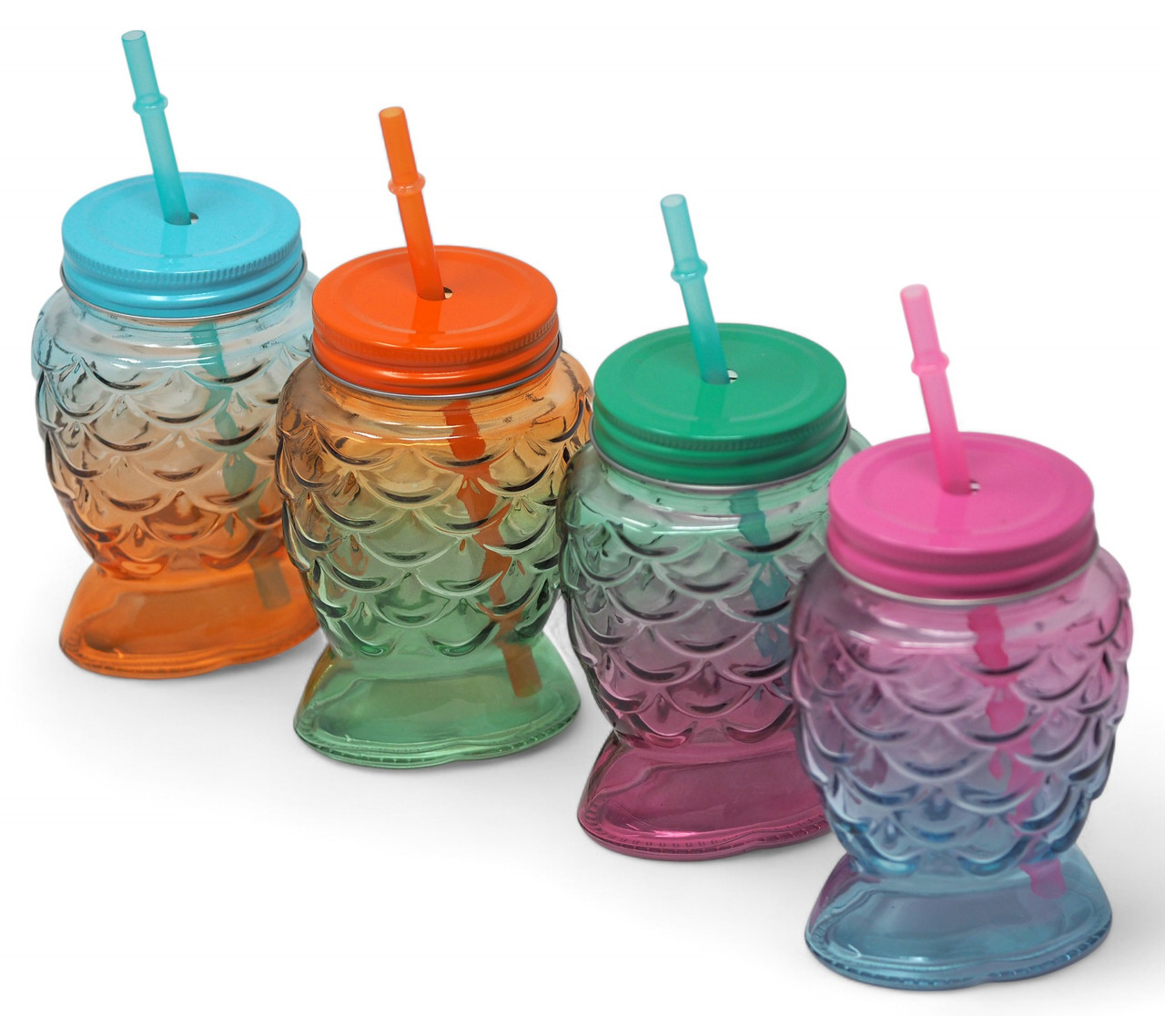 Colourful Mermaid Ombre Glass Drinking Jars with Lids and Straws - Set ...