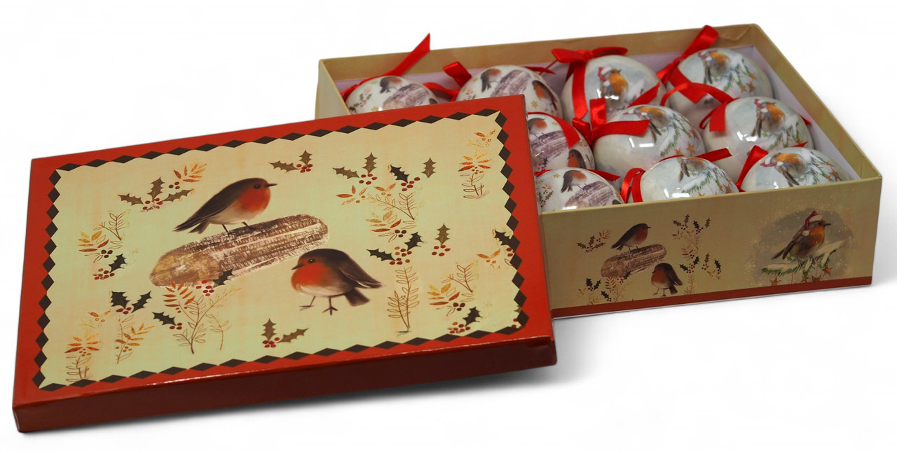 Christmas Robin Decorative Tree Baubles in Gift Box - Set of 12 - Blue ...