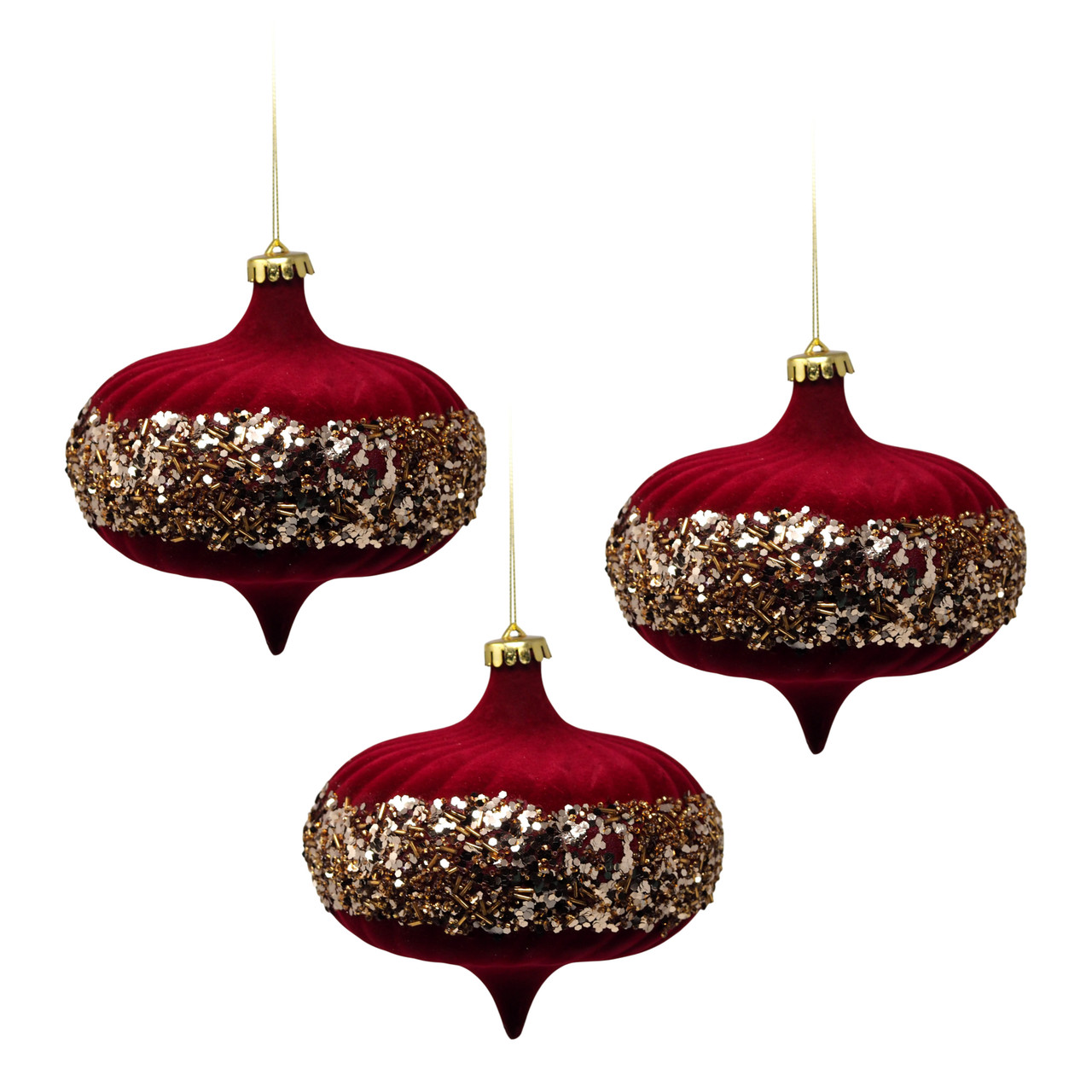 Deep Red 15cm Giant Flock Red Velvet Baubles - With Gold Beading - Set ...