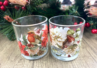 Traditional Christmas Robin Glass Votive Tealight Candle Holders (Set ...