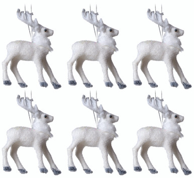 White Flock Reindeer Stag Christmas Tree Baubles Decorations (Set of 6 ...