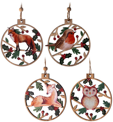 Christmas Laser Cut Robin Fox Owl Deer Hanging Wooden Baubles (Set of 4 ...