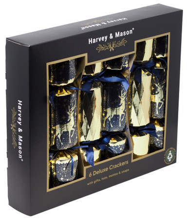Harvey & Mason Deluxe Christmas Crackers - Navy Blue Gold Stag - Set of ...