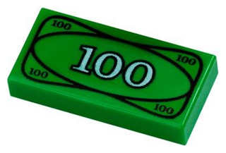 Tile 1x2 with Groove with 100 Dollar Bill Cash Money Pattern (Green)