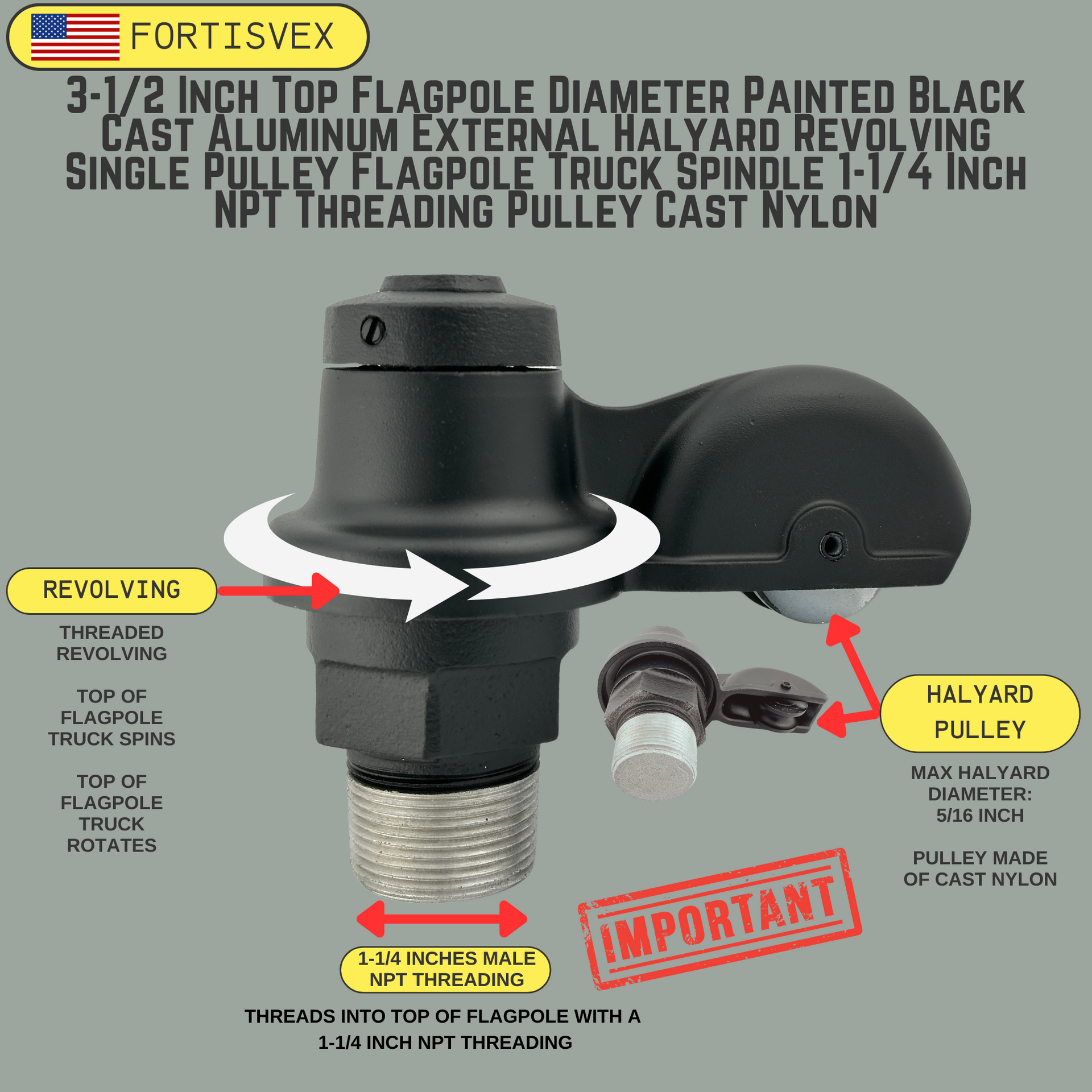 3-1/2 Inch Top Flagpole Diameter Painted Black Cast Aluminum External ...