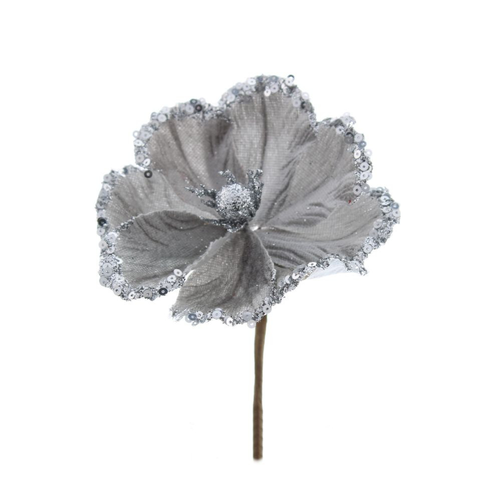 Silver Glitter Flower Pick - 12cm