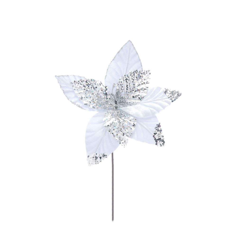 White Silver Sequin Flower Pick - 31cm