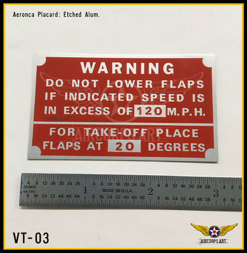 Aeronca Lower Flaps Warning Placard - VT-03 - AirCorps Depot