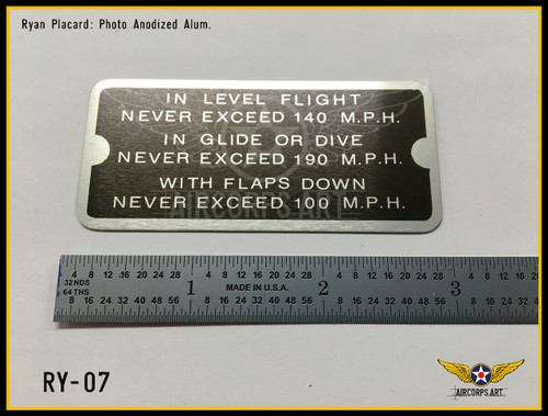 Ryan MPH Exceed air speed limits Placard - RY-07 - AirCorps Depot