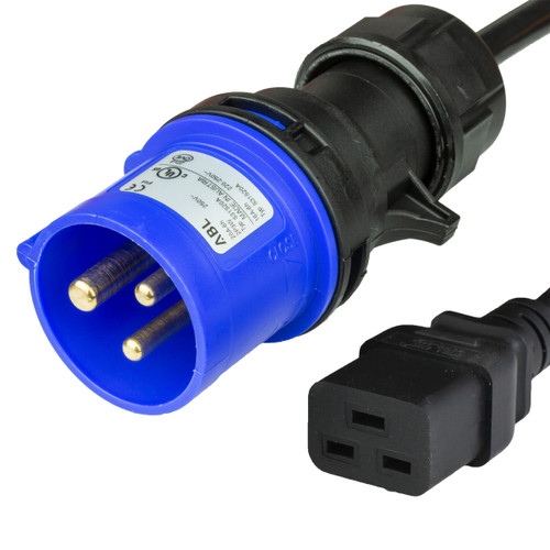 IEC60309 6H 2P+E 20A BLUE PLUG to IEC60320 C19 20A 250V 12awg SJT BLACK ...