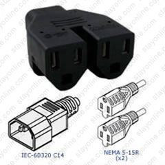 IEC320 C14 Male Plug to 2 way NEMA 5-15 Connector Splitter - Block Plug ...