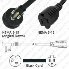 NEMA 5-15 Male Plug Angled Down to 5-15 Connector 4.5 meters / 15 feet ...