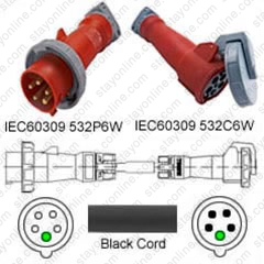 IEC60309 532P6W Male Plug to 532C6W Connector 3.0 meters / 10 feet 32A ...