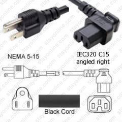 NEMA 5-15 Plug to IEC 320 C15 RIGHT Connector 4.6m / 15 feet 15A/125V ...