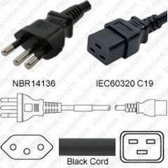 Brazil NBR14136 Male Plug to IEC320 C19 Connector 3.0 meters / 10 feet ...