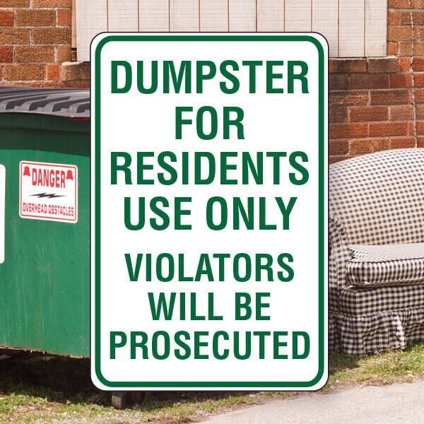 12" x 18" Aluminum Dumpster for Residents Sign