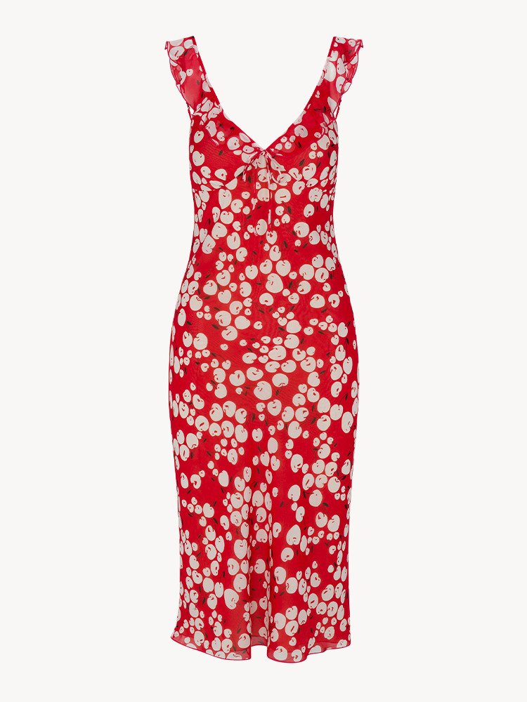 Gemma Cherry Bomb | Silk frill midi dress | Réalisation