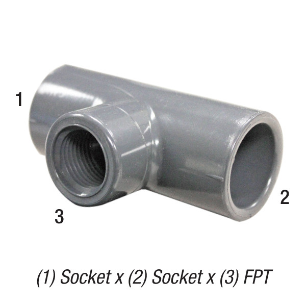 Reducing Tee, 3/4in Socket x 3/4in Socket x 1/2in FPT, PVC SCH80, Gray ...