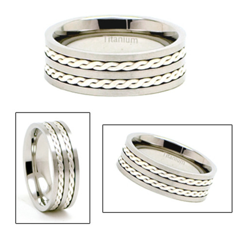 8mm Men's Titanium Sterling Silver Rope Inlay Wedding Ring Band
