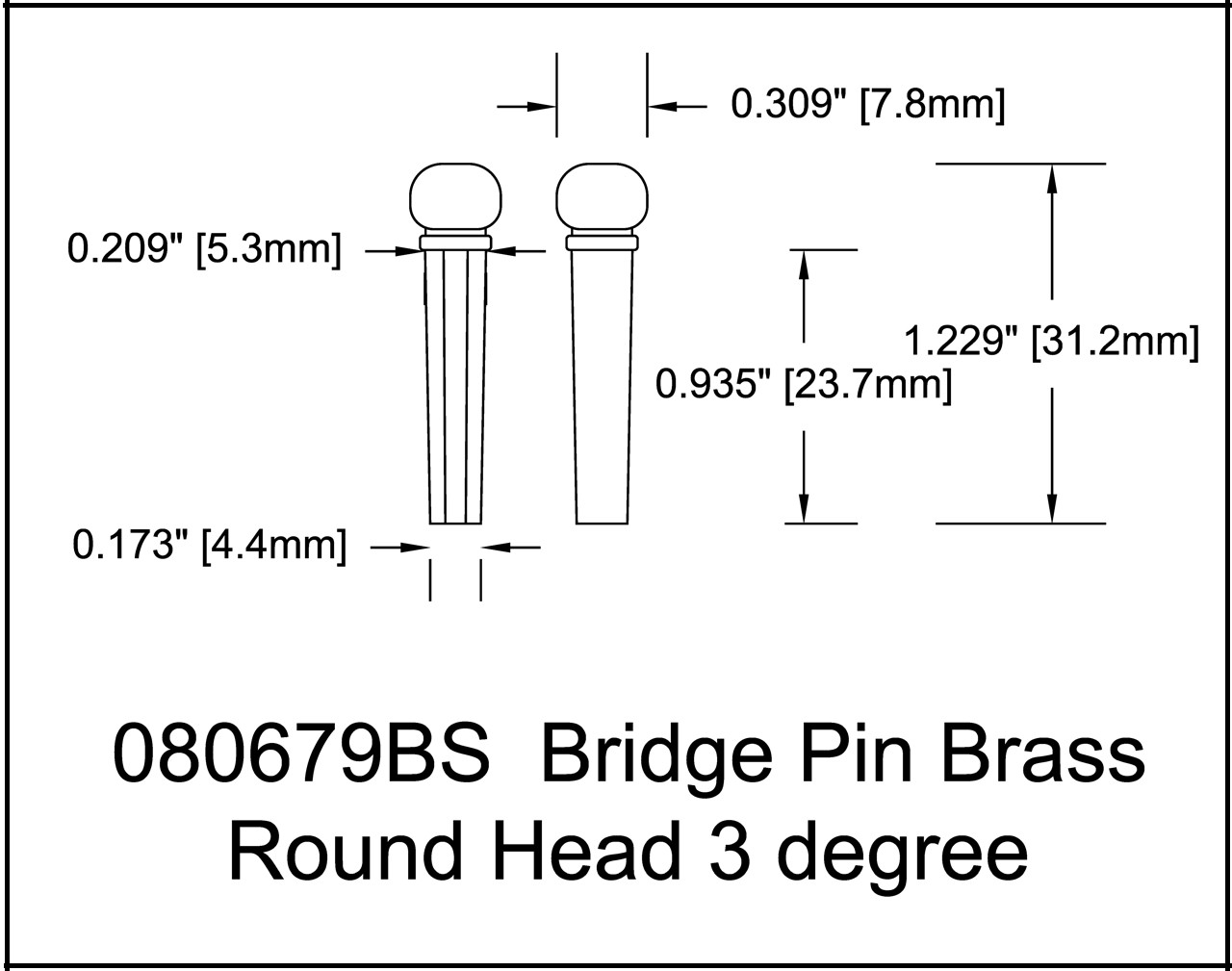 Acoustic Guitar Bridge pins in solid brass with slot. 3 degree, 5mm ...