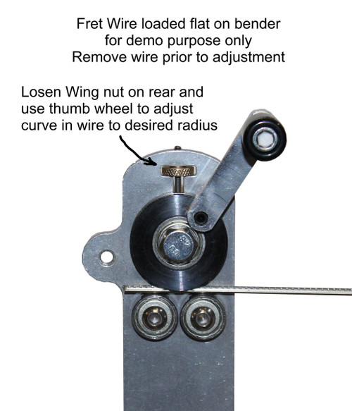 Bending tool for use with fret wire to set radius for fret board insertion.