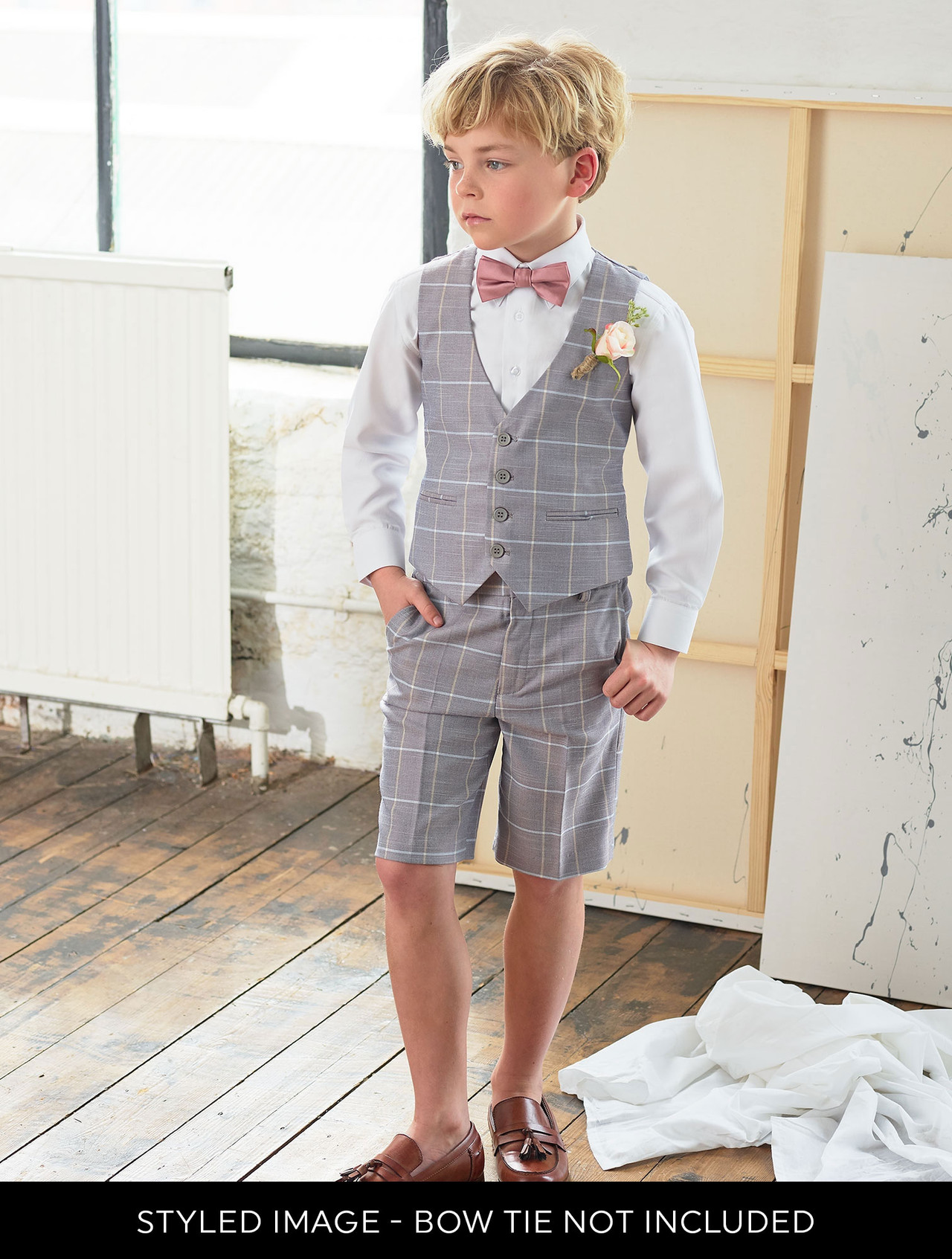 Boys grey check shorts suit set | Boys stone page boy suit