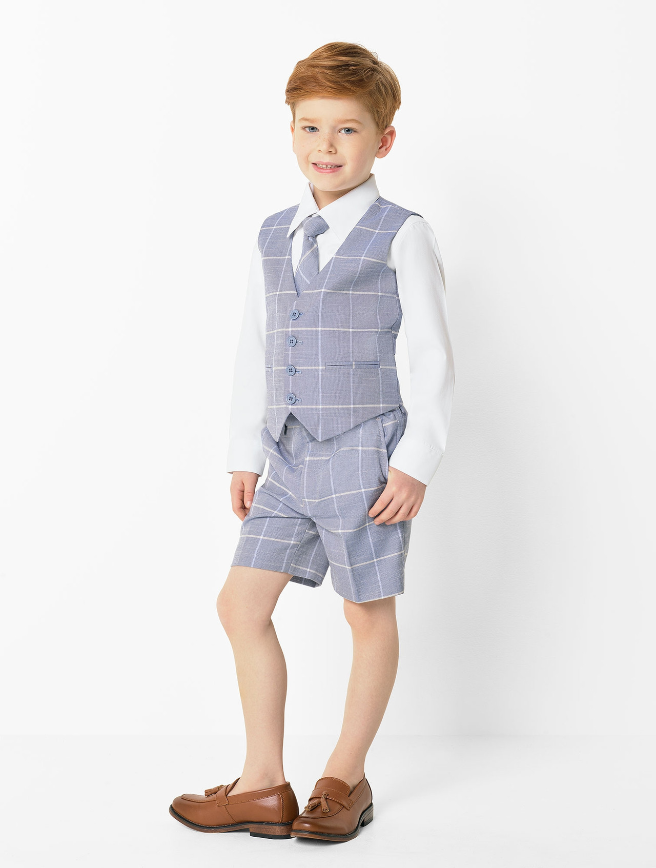 Boys grey check shorts suit set | Boys stone page boy suit | Jake Blue