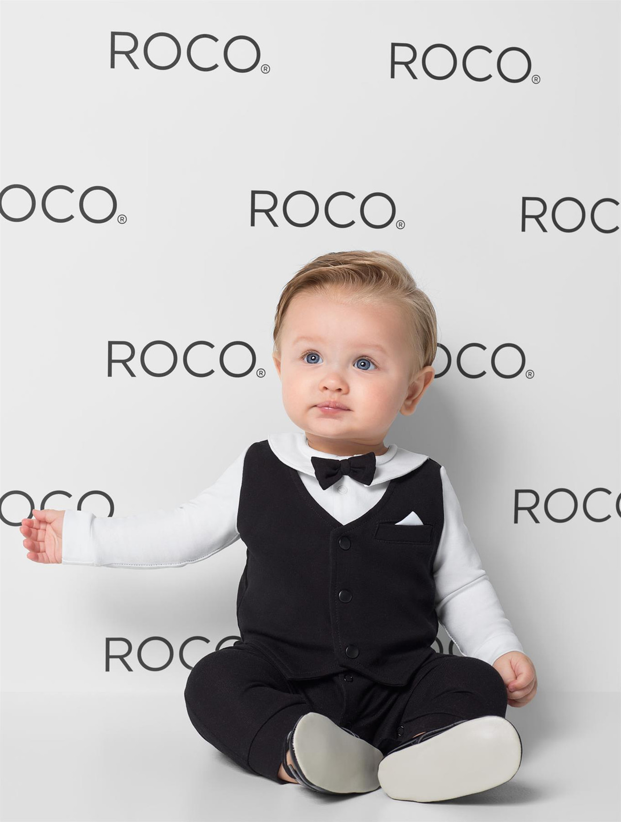 Baby boys black & white tuxedo romper suit | Baby boys tuxedo suit | Roco