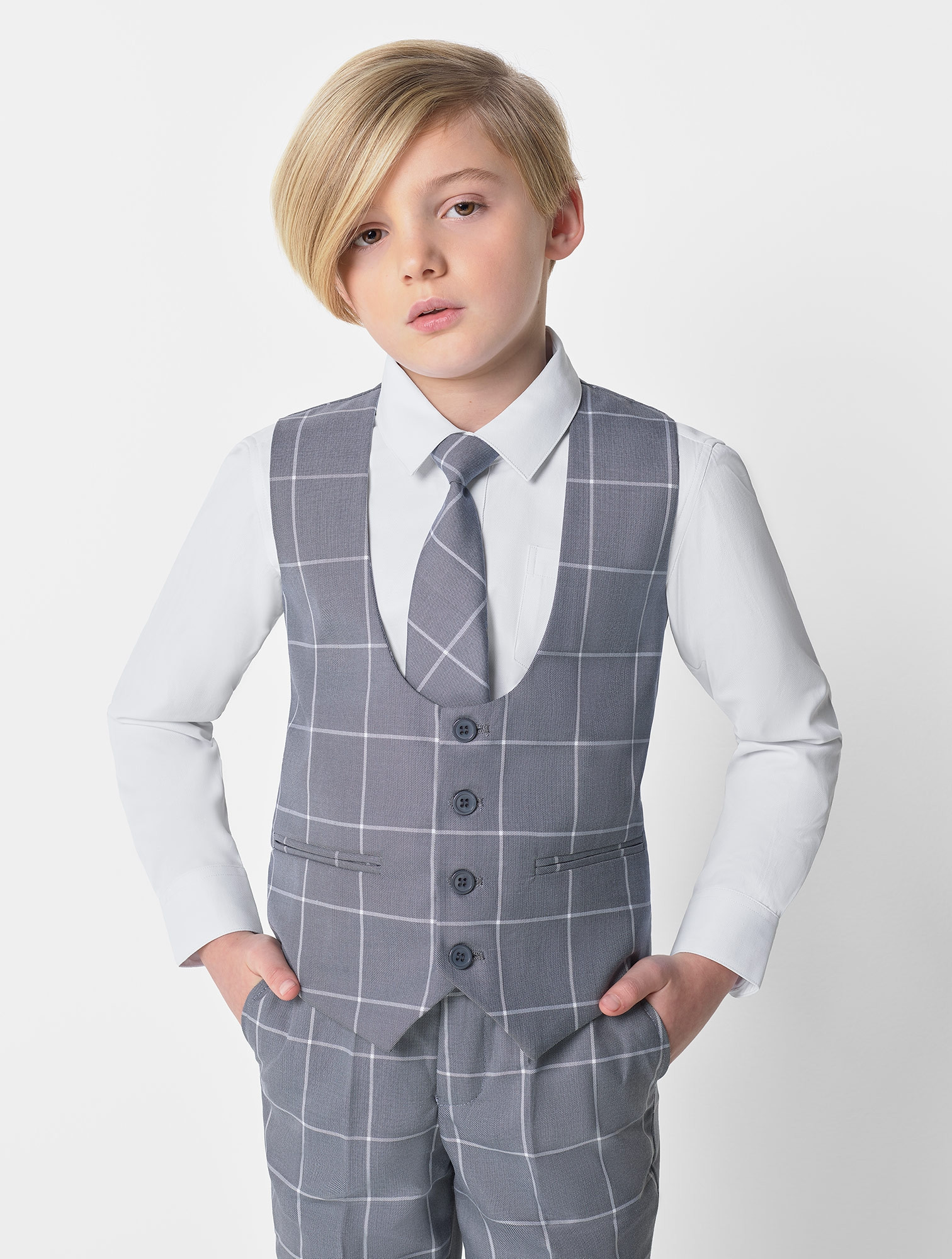 Boys light grey check waistcoat set | Boys checked page boy suit ...