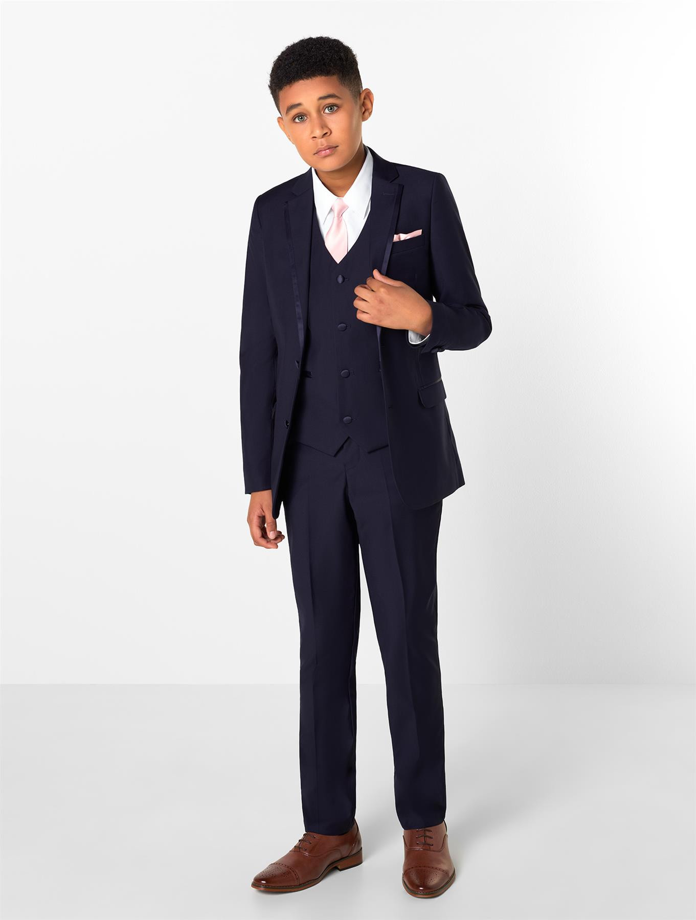 Boys navy wedding suit with satin trims | Heston navy suit | Roco