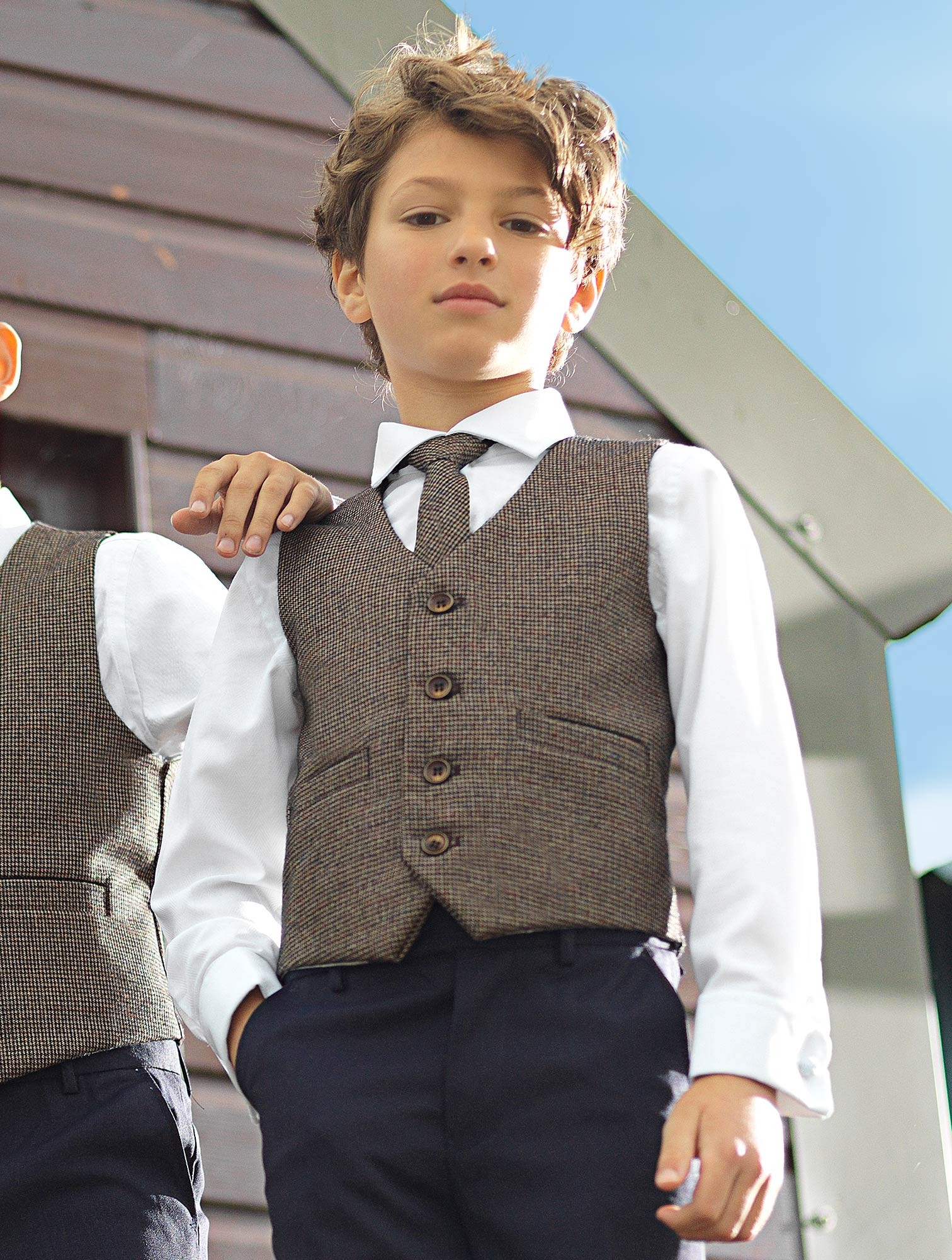 Boys brown tweed waistcoat | Boys tweed page boy outfits | Alec