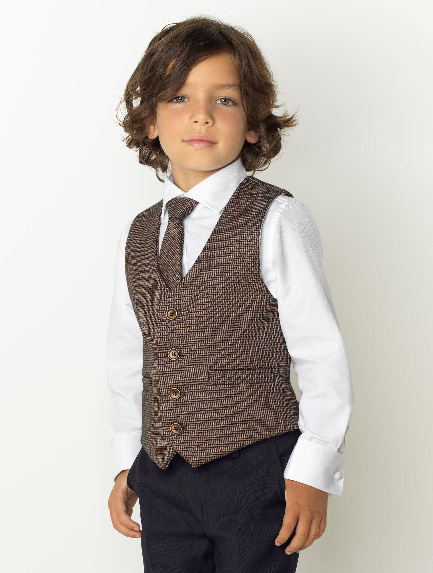 Boys brown tweed waistcoat | Boys tweed page boy outfits | Alec