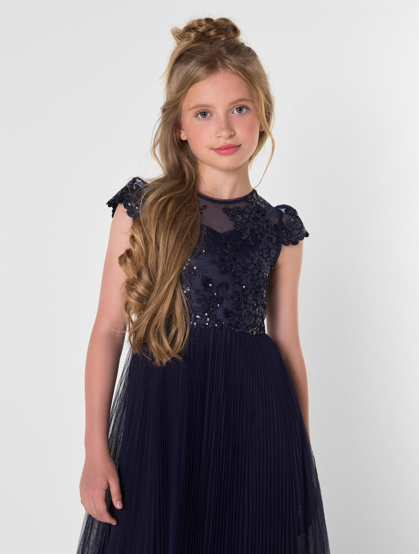 Navy pleated prom dress | Girls navy maxi party dress | Elizabeth ...