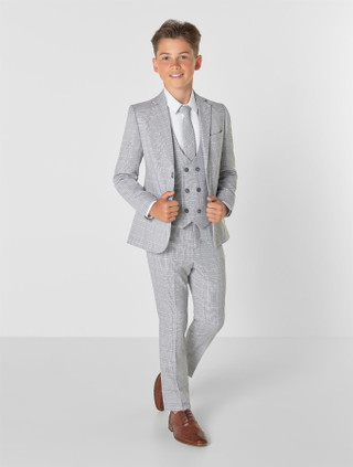 Boys grey check suit | Grey check page boy suits | Grey check prom suit ...