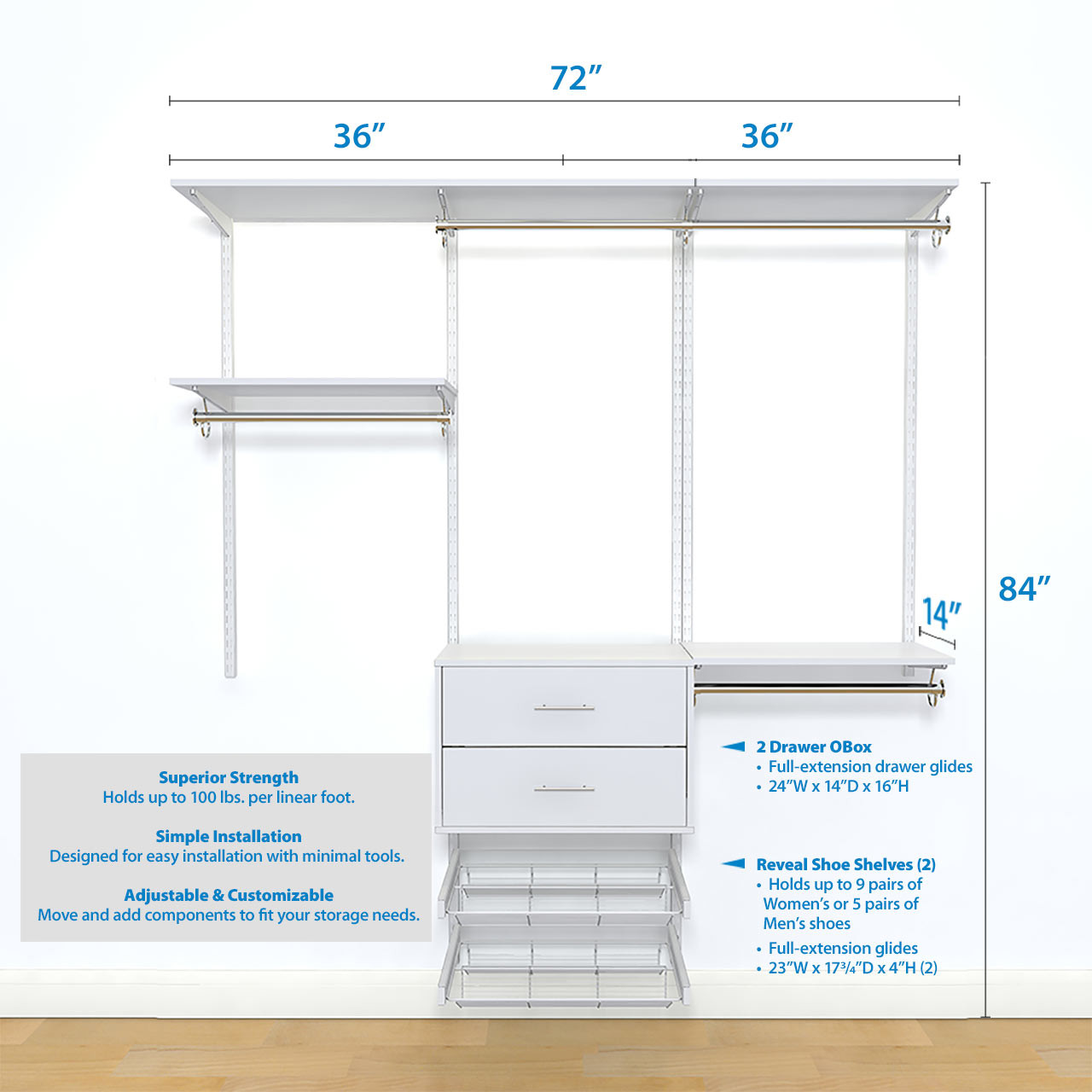 freedomRail Premium Adjustable Closet Kit, 72"- 76" - Organized Living