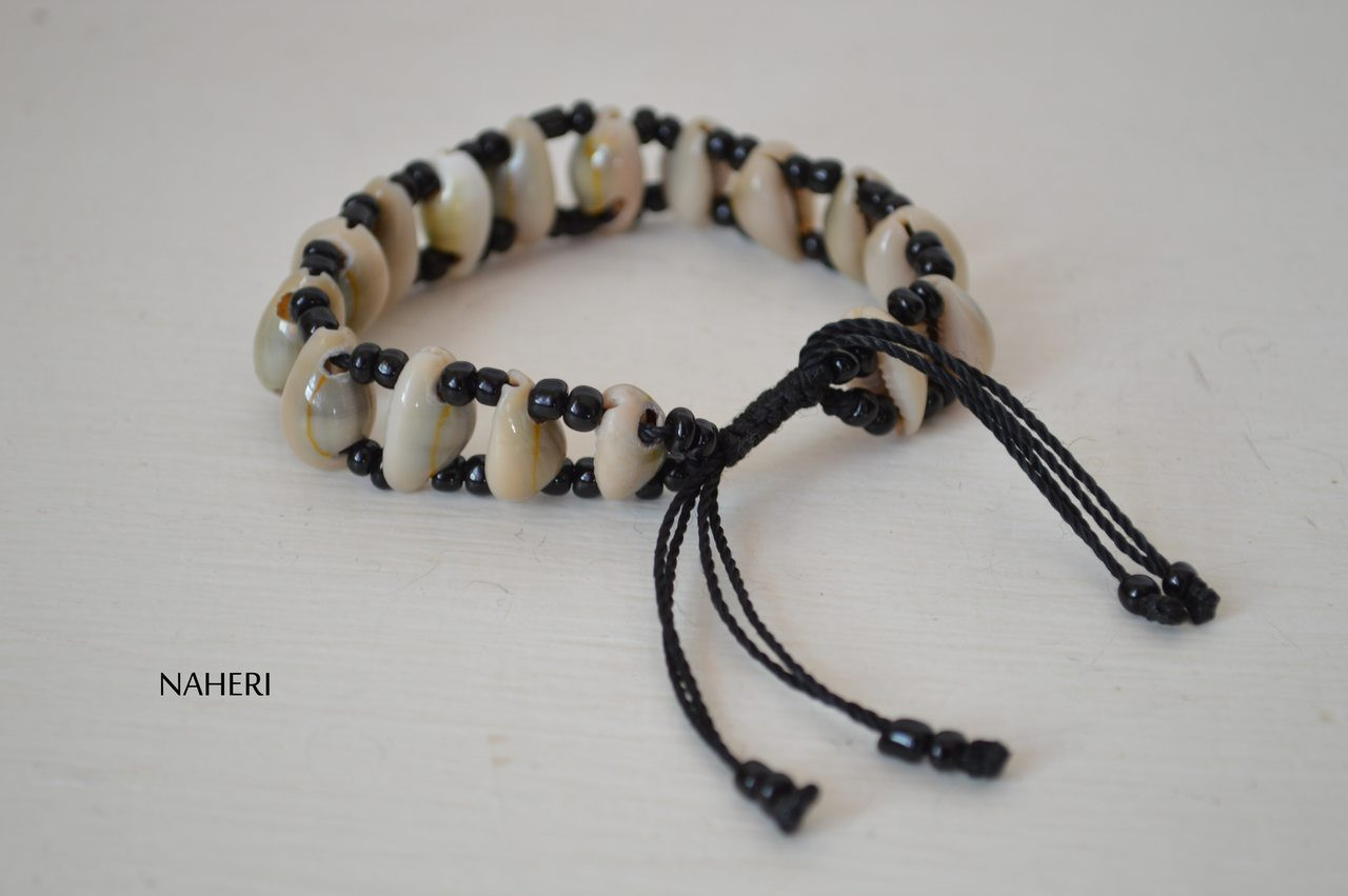 African inspired beaded shell drawstring bracelet | NAHERI