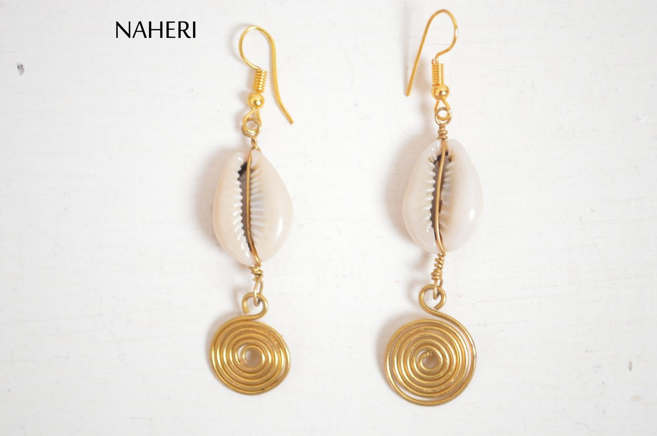 African handmade cowrie shells earrings with brass wire coil | NAHERI
