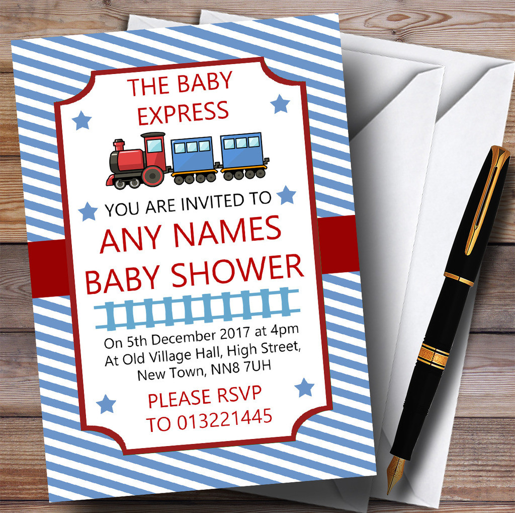 Blue Stripy Train Invitations Baby Shower Invitations - Red Heart Print