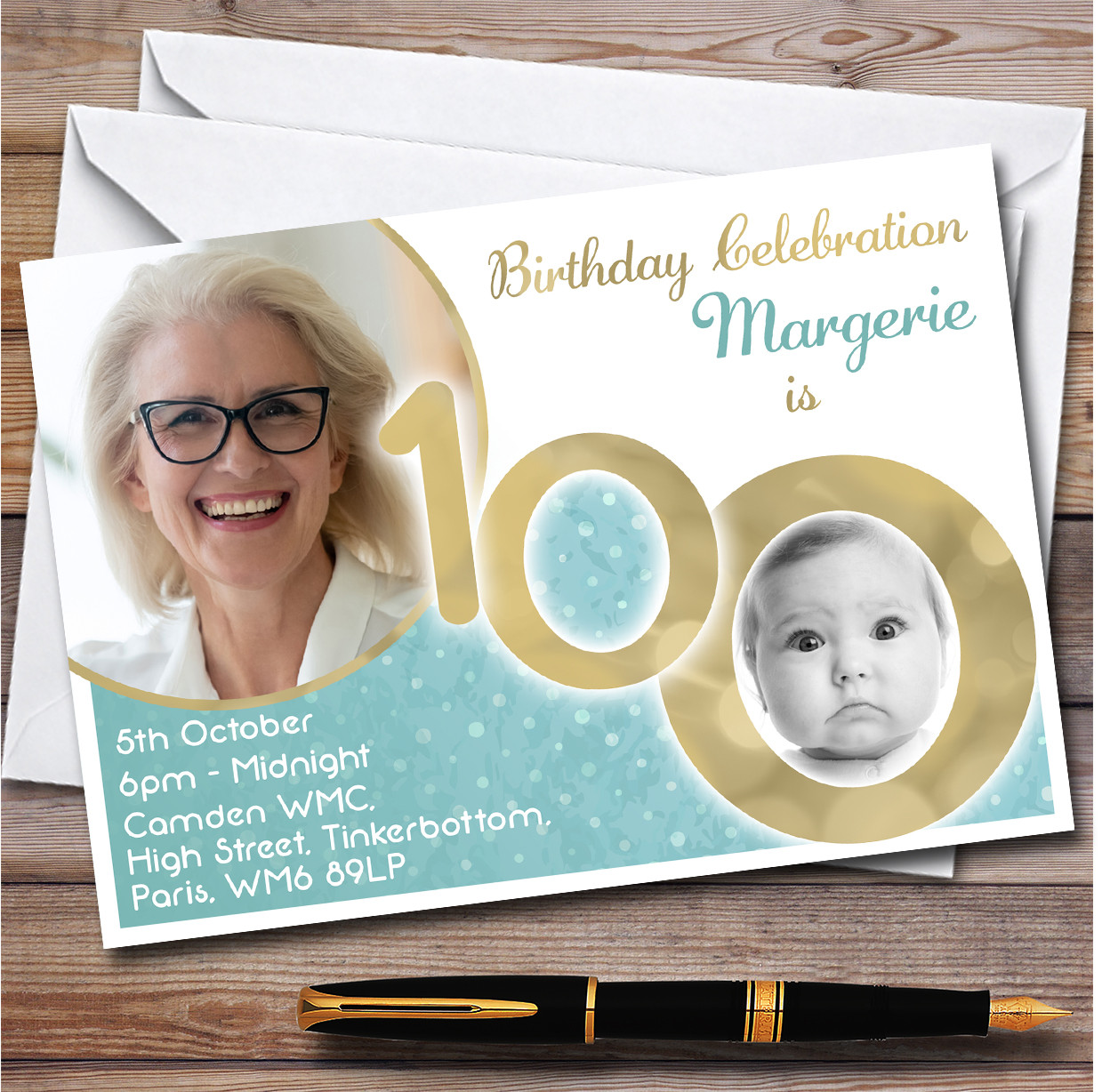 Photo 100 Young & Older Vintage Teal 100Th Birthday Party Invitations ...