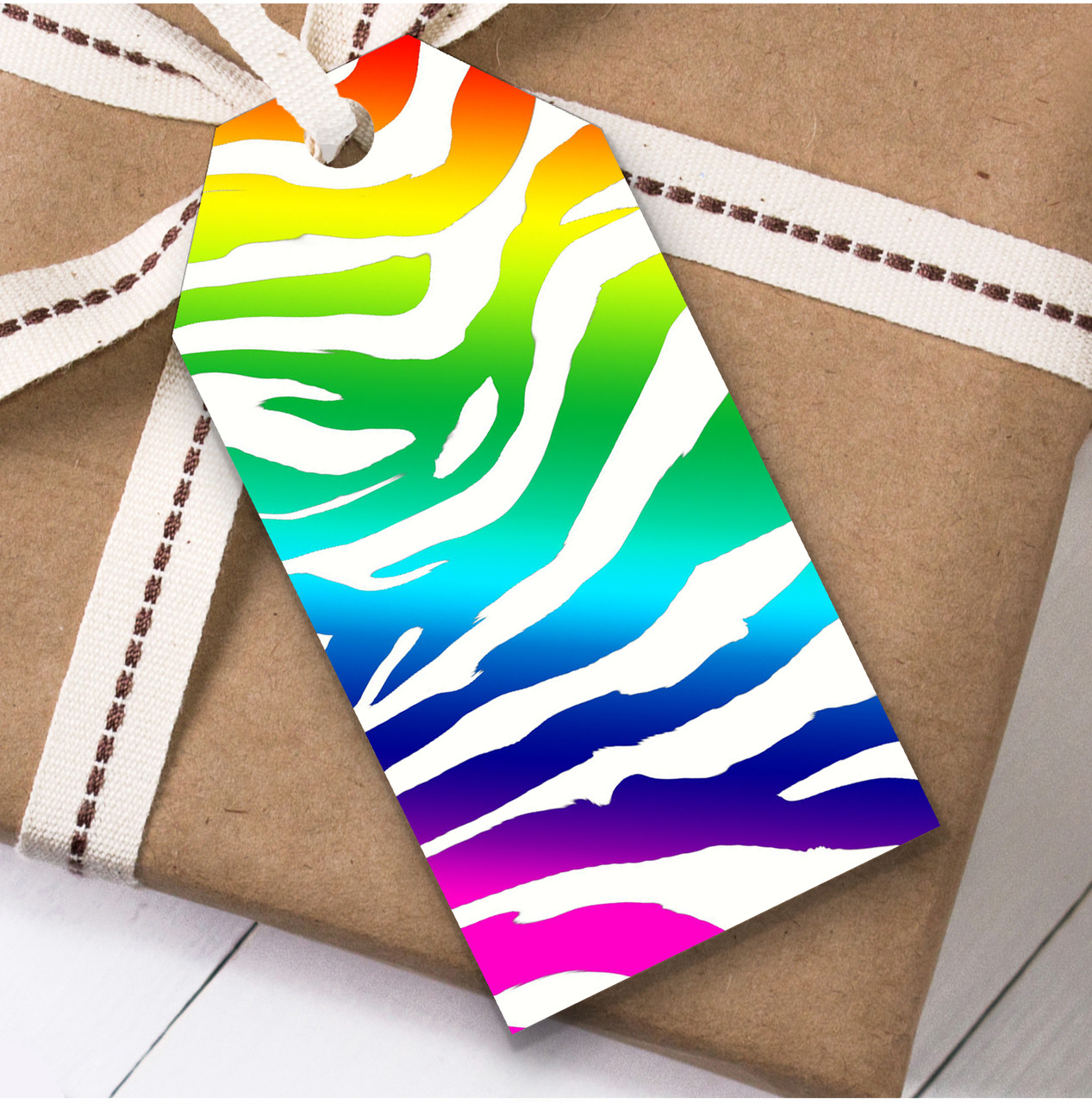 Rainbow Zebra Print Birthday Present Favor Gift Tags - Red Heart Print