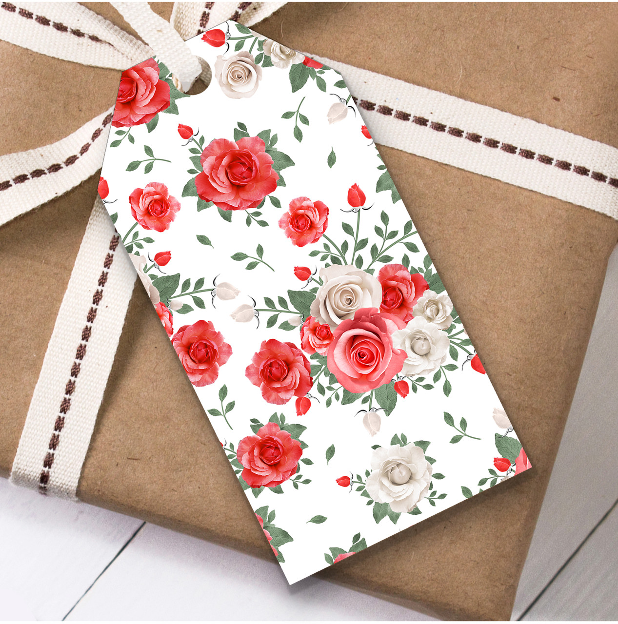 White And Red Roses Birthday Present Favor Gift Tags - Red Heart Print