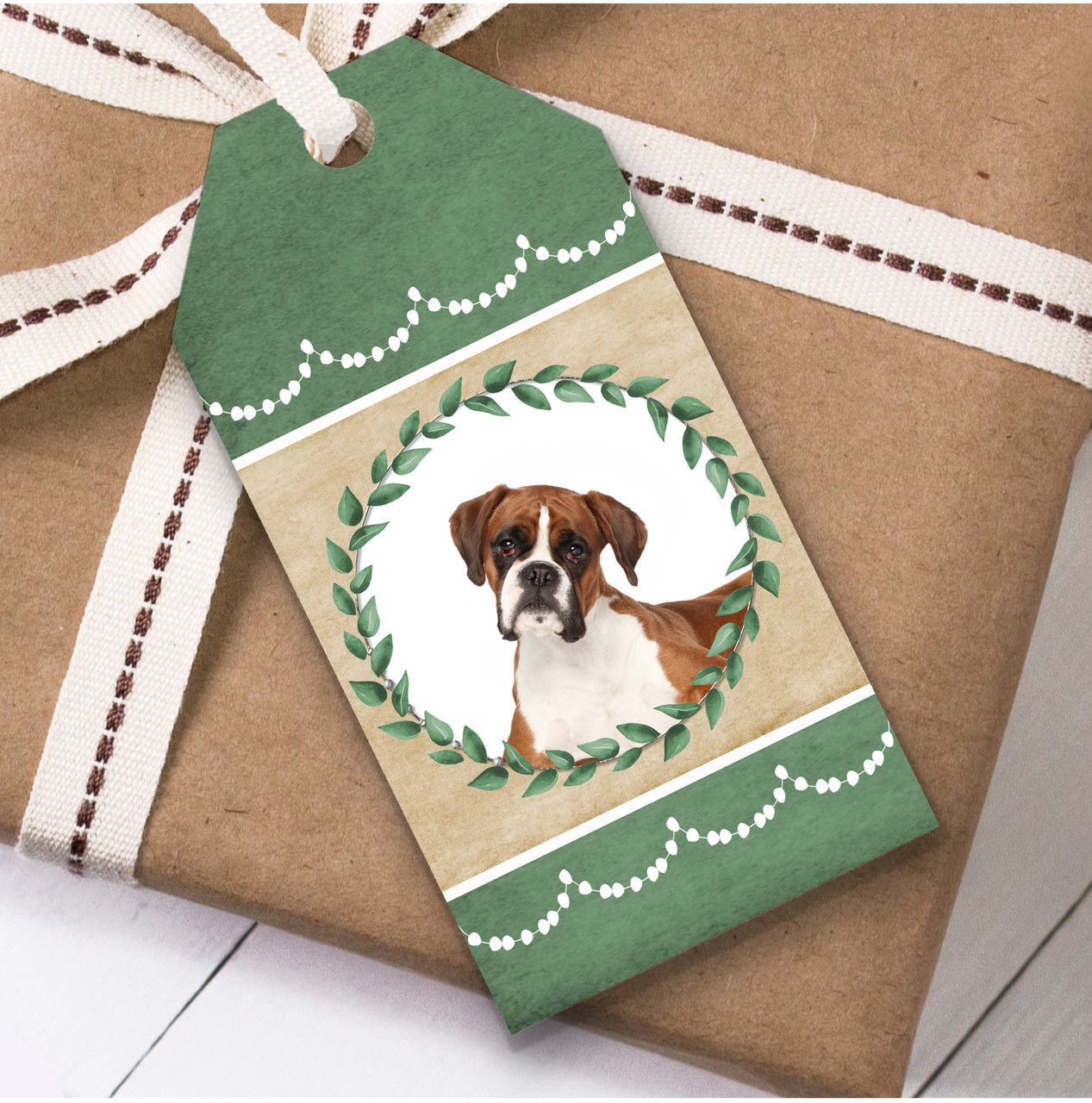Boxer Dog Green Birthday Present Favor Gift Tags - Red Heart Print