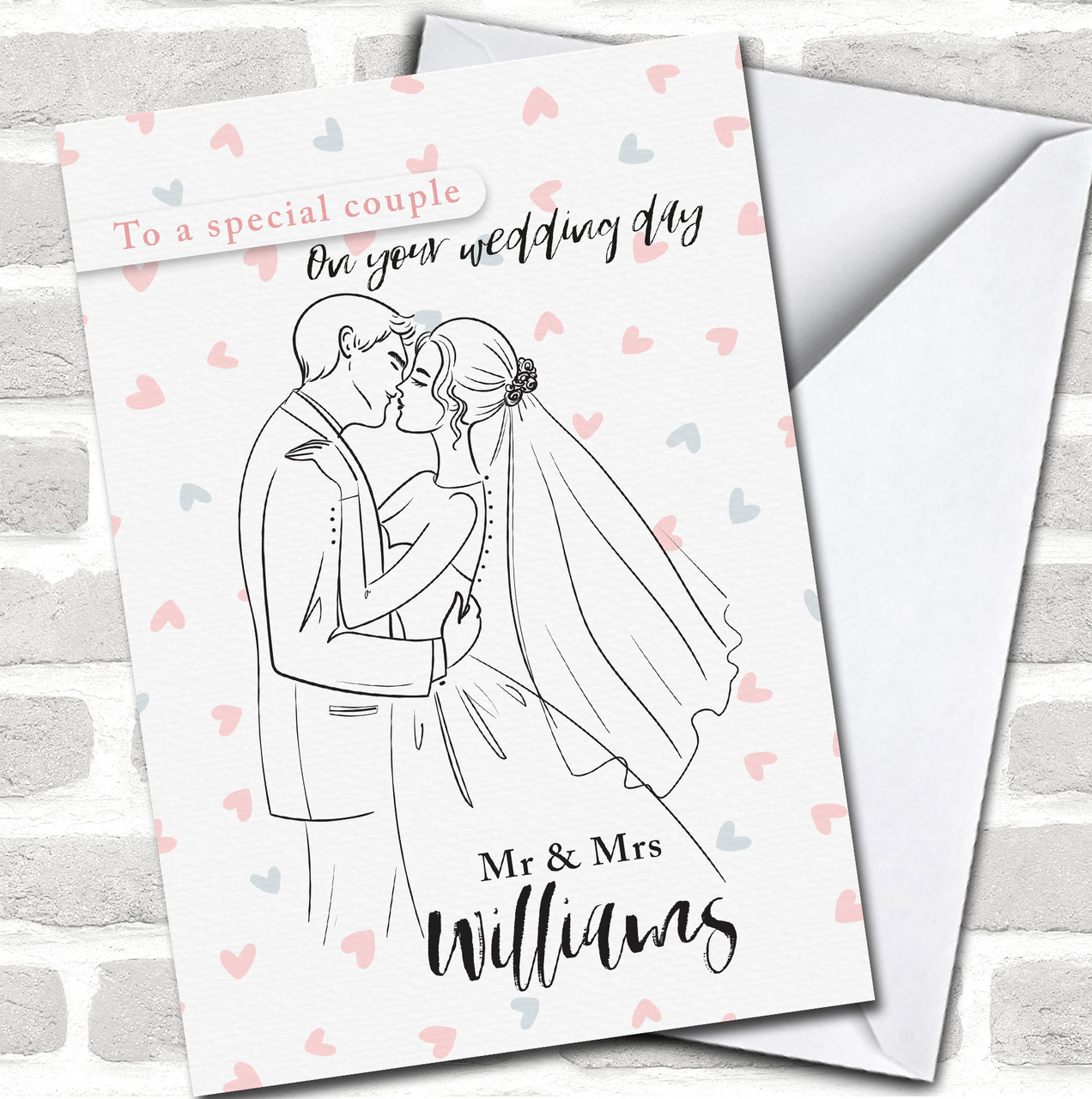 Line Drawing Of Groom & Bride Grey Pink Hearts Wedding Day Personalized ...