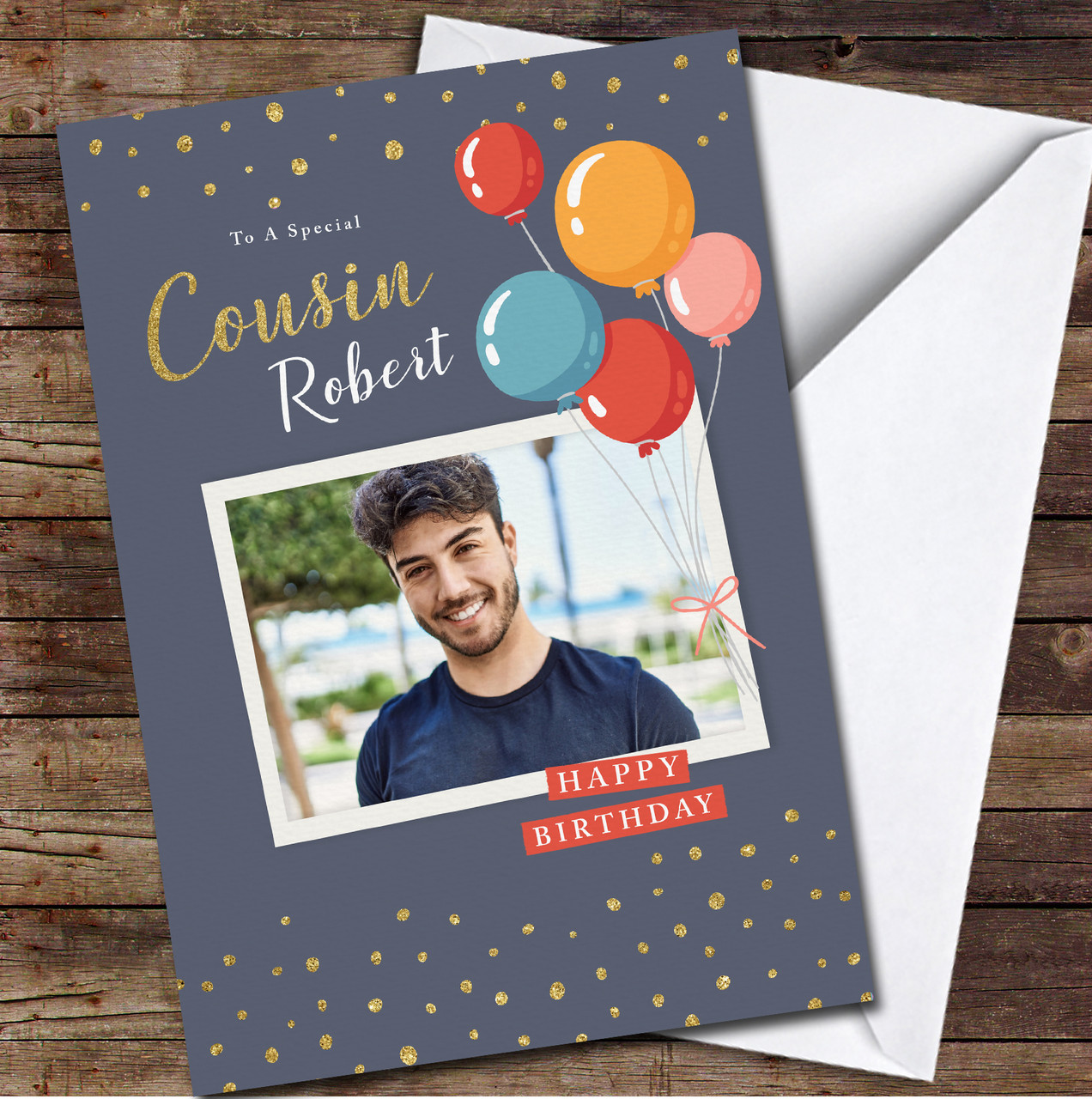 Cousin Photo Frame With Balloons And Gold Dots Any Text Birthday Card ...